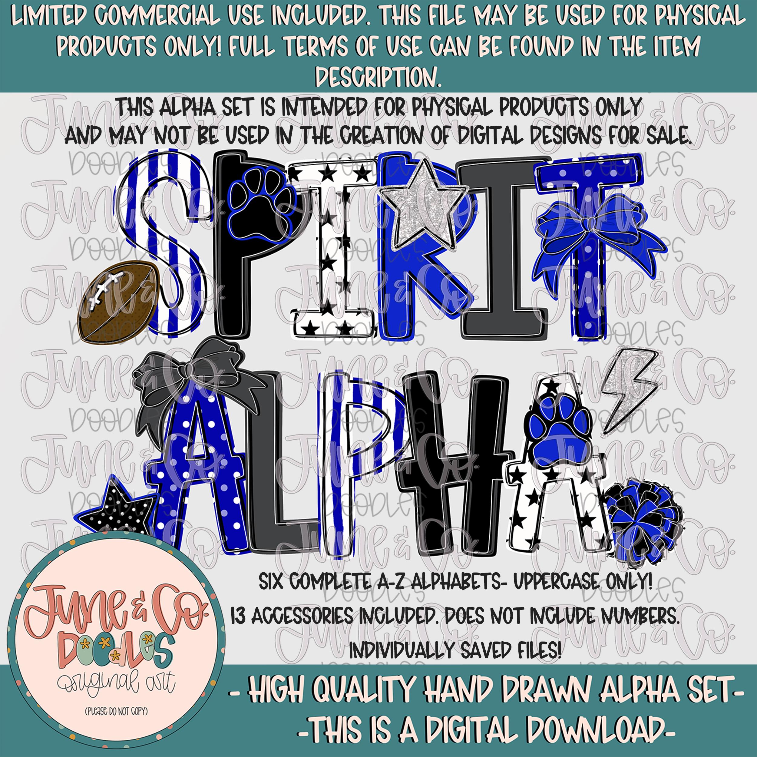 Spirit Alphabet Set- Black And Royal| Team Spirit Doodle Alpha| Indivi ...