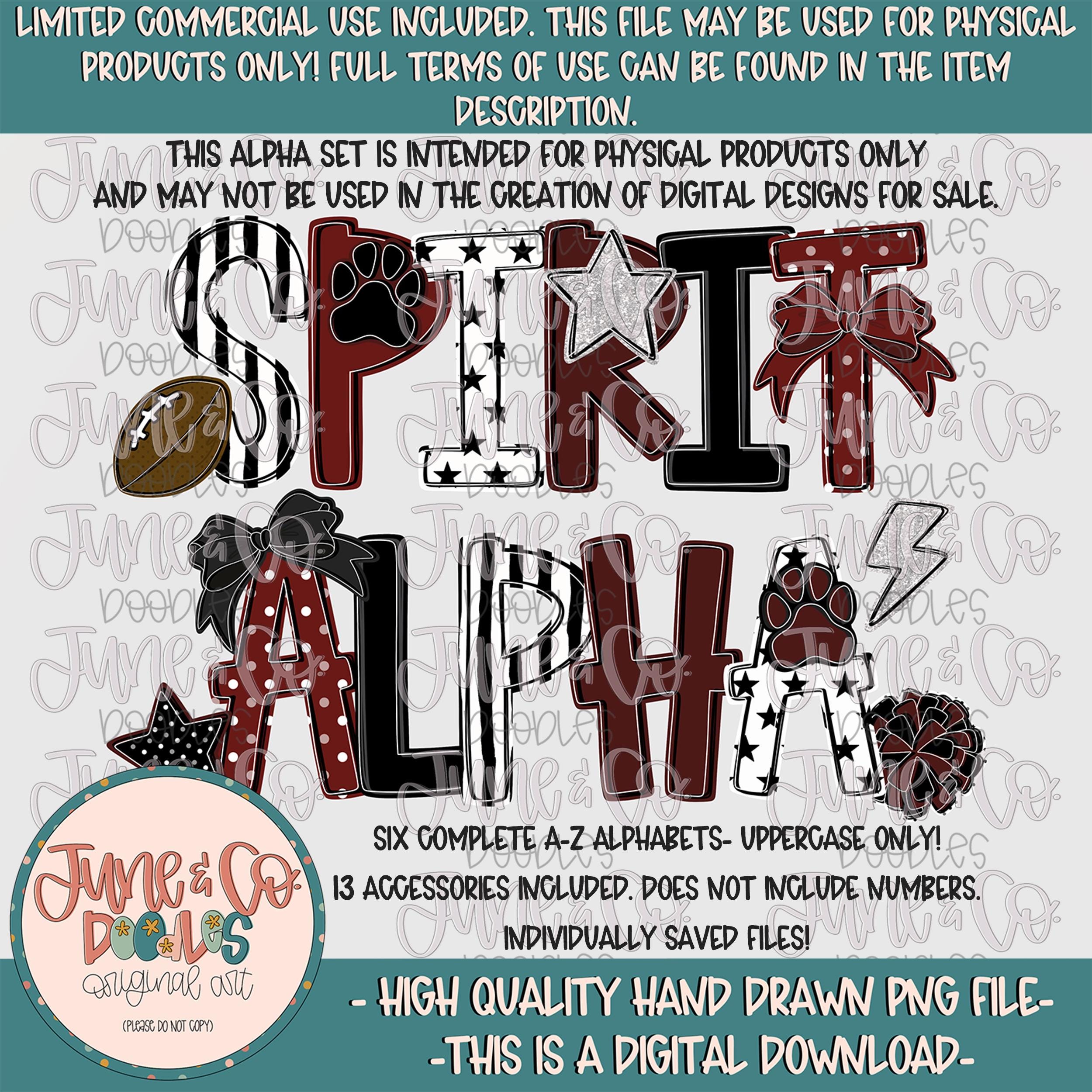 Spirit Alphabet Set- Maroon & Black| Team Spirit Doodle Alpha| Individ ...