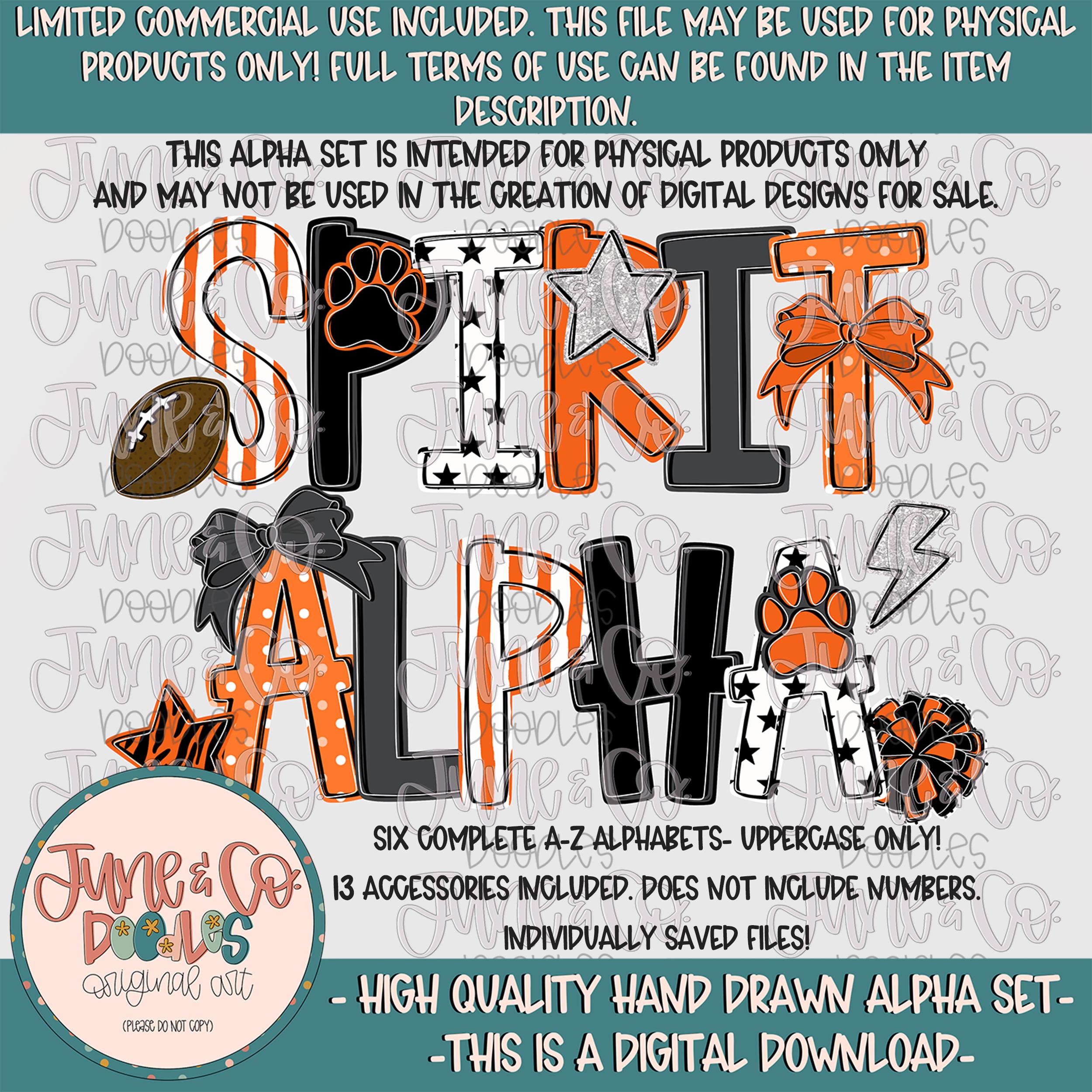 Spirit Alphabet Set- Black And Orange| Team Spirit Doodle Alpha| Indiv ...