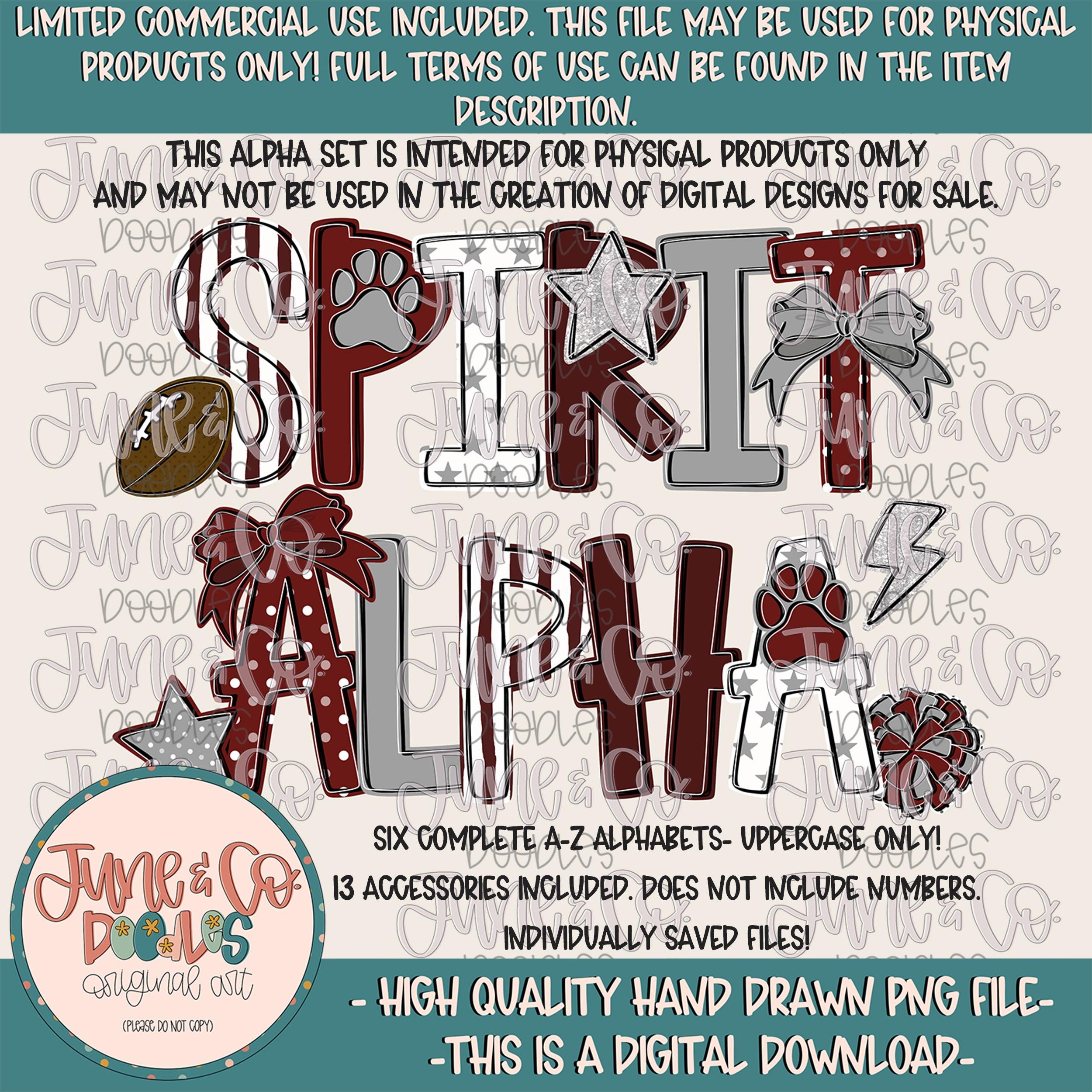 Spirit Alphabet Set- Maroon & Gray| Team Spirit Doodle Alpha| Individu ...