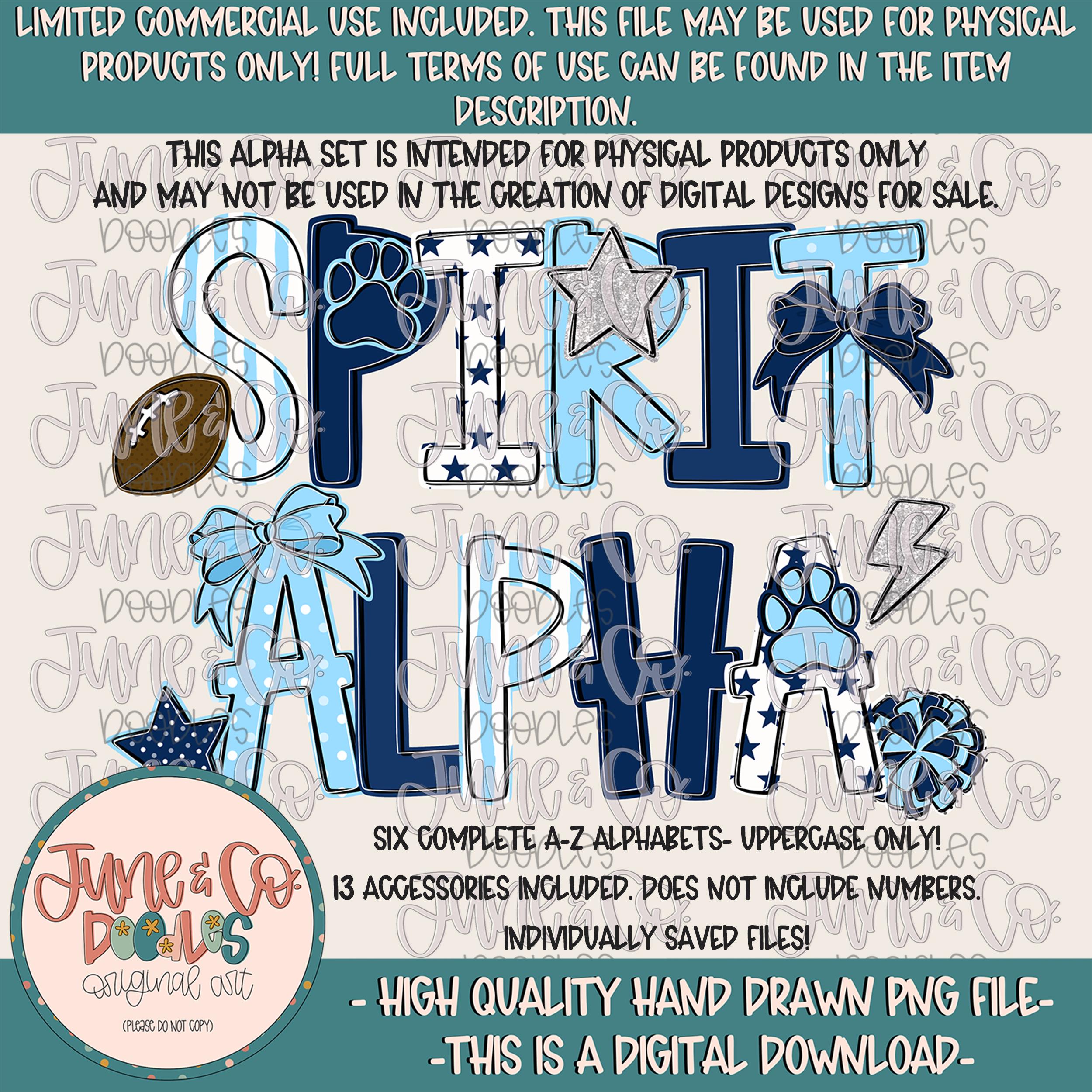 Spirit Alphabet Set- Light Blue & Navy| Team Spirit Doodle Alpha| Indi ...