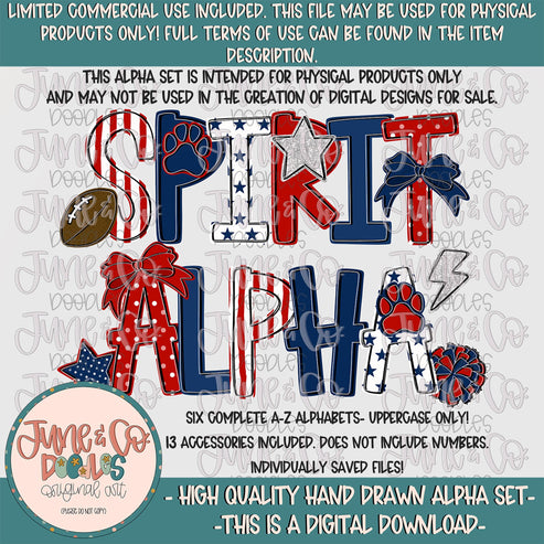 Spirit Alphabet Set- Red White Navy| Team Spirit Doodle Alpha| Individ ...