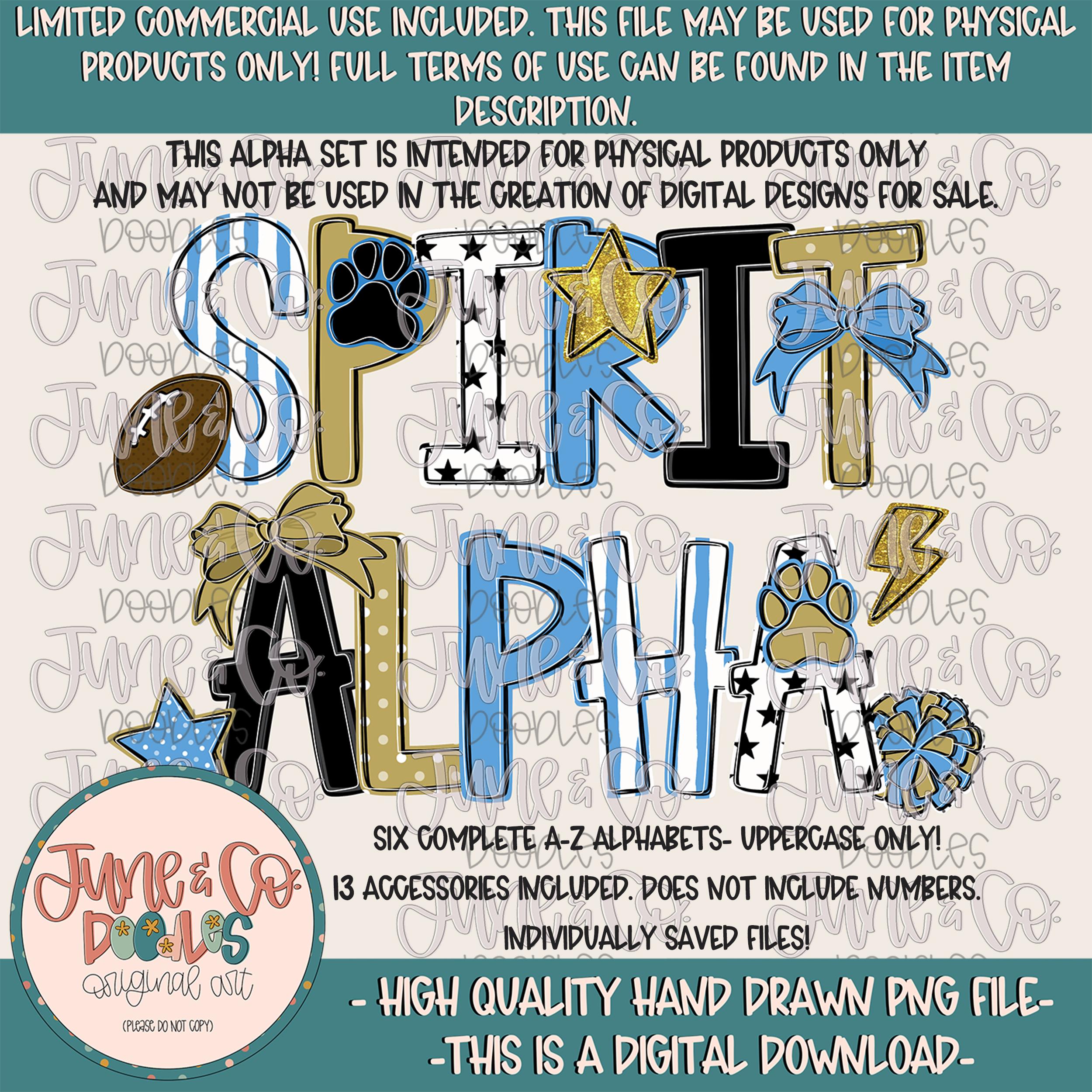 Spirit Alphabet Set- Blue, Gold, Black| Team Spirit Doodle Alpha| Indi ...