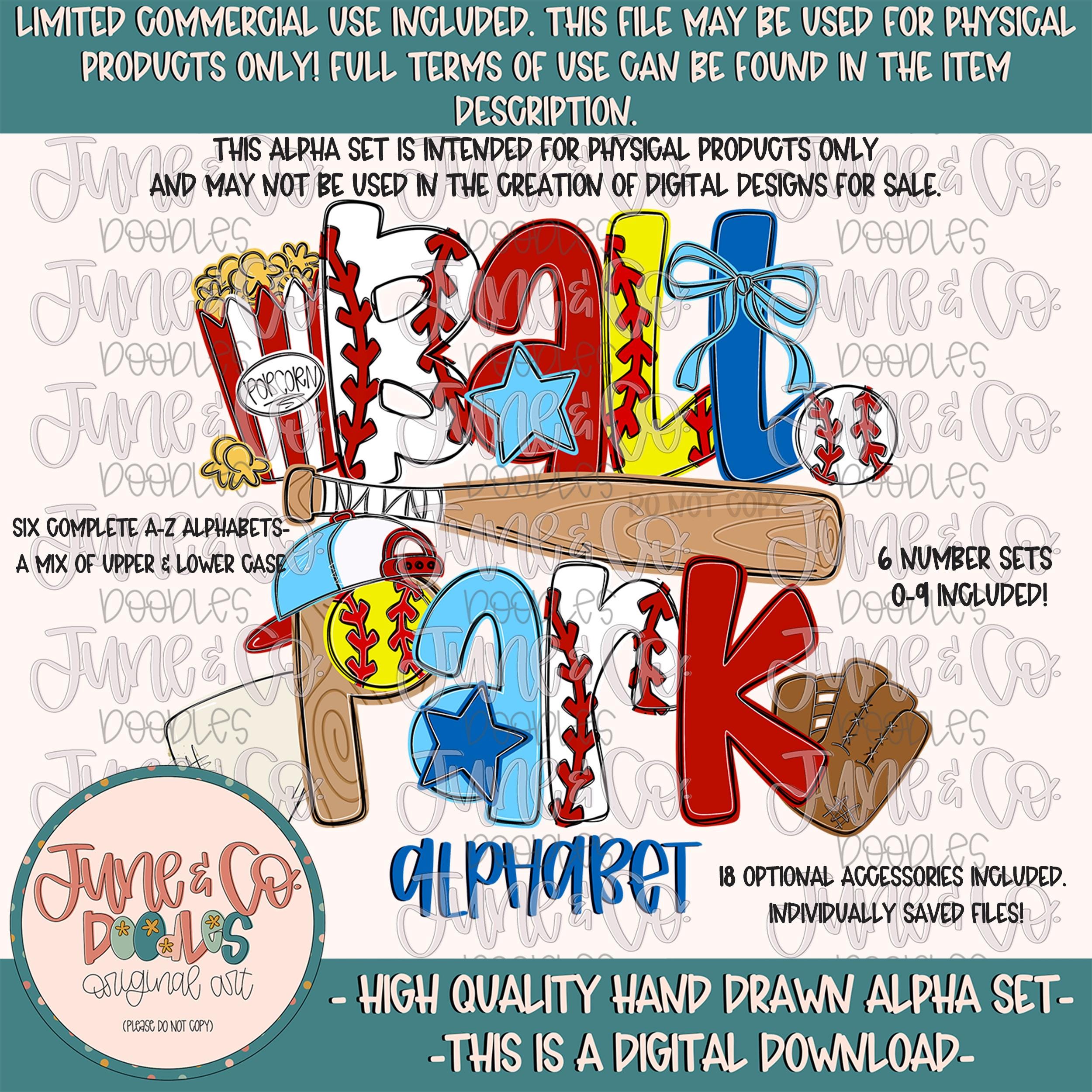 Ballpark Alphabet Set- PNG| Baseball & Softball Doodle Alpha| Individu ...