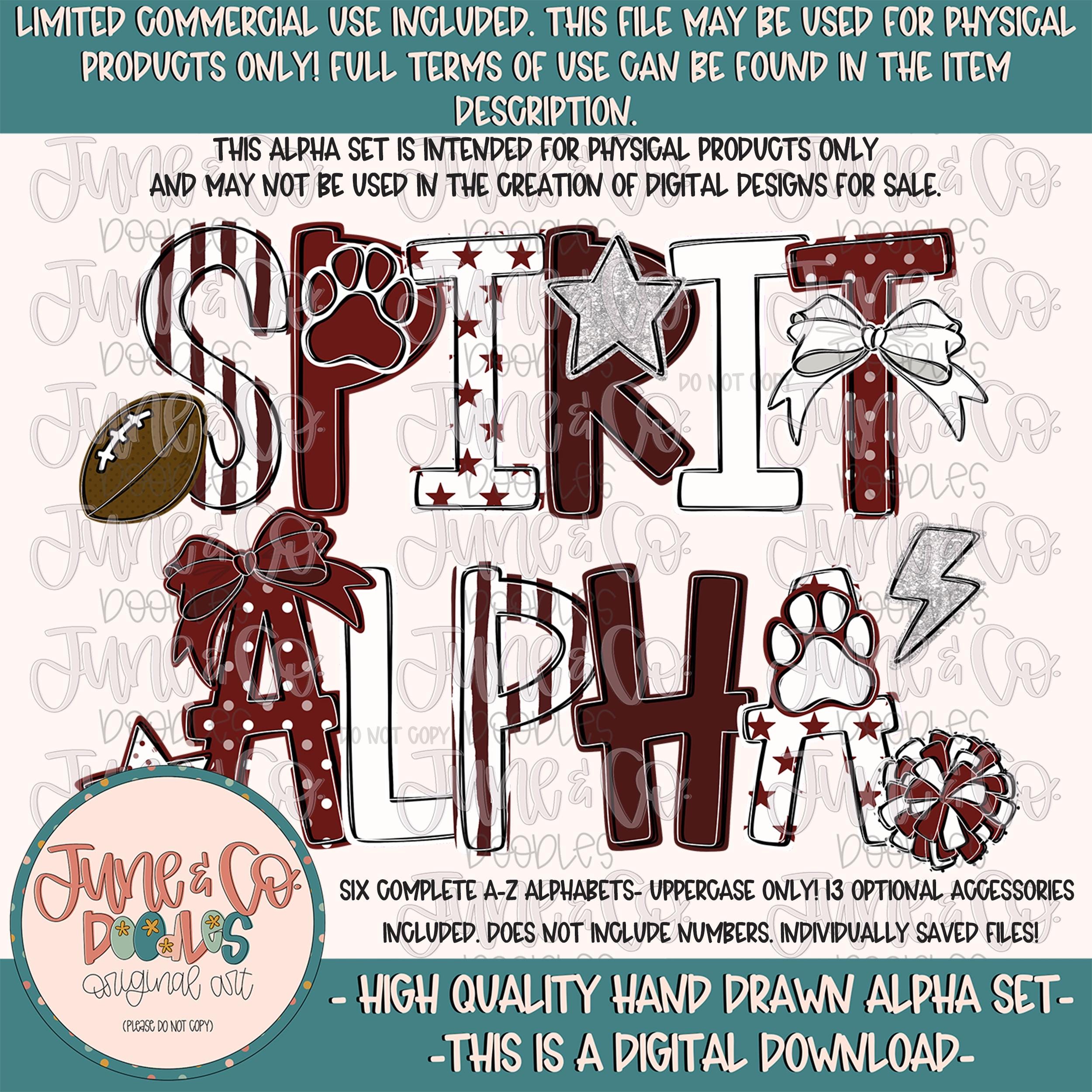 Spirit Alphabet Set- Maroon & White| Team Spirit Doodle Alpha| Individ ...